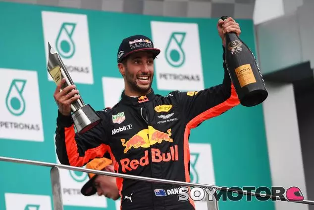 Daniel Ricciardo on the podium at Sepang